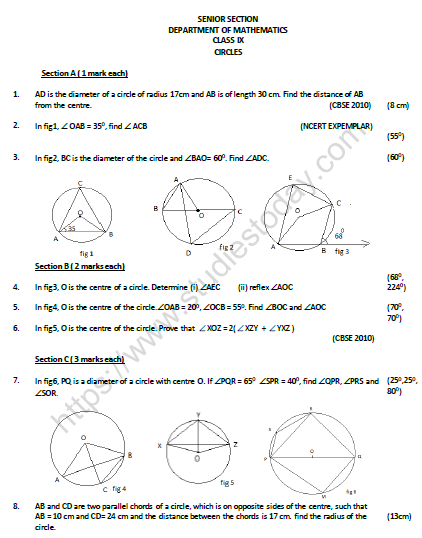 CBSE Class 9 Mathematics Circles Worksheet